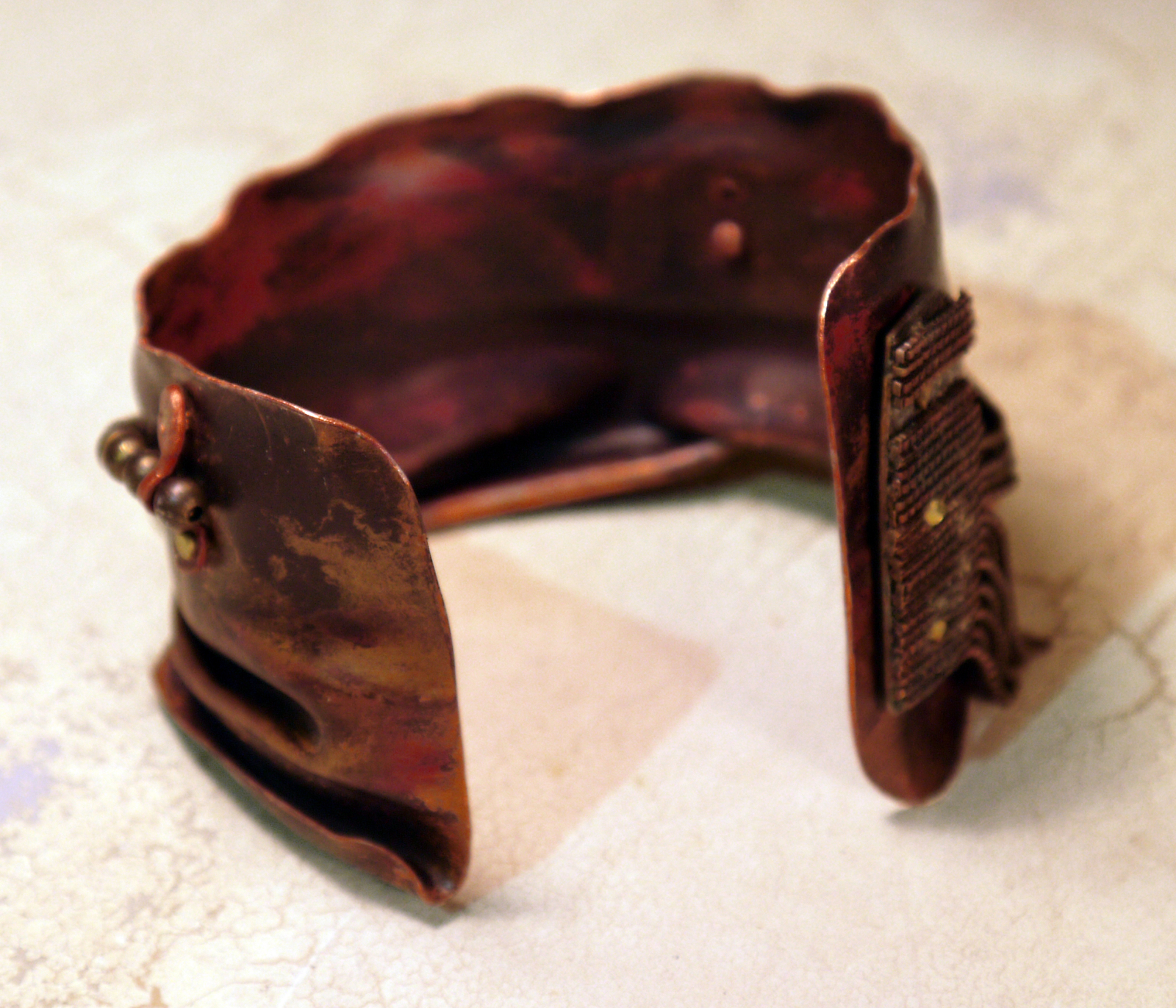 Salvaged crushed copper cuff with recycled vintage chains and beads ...